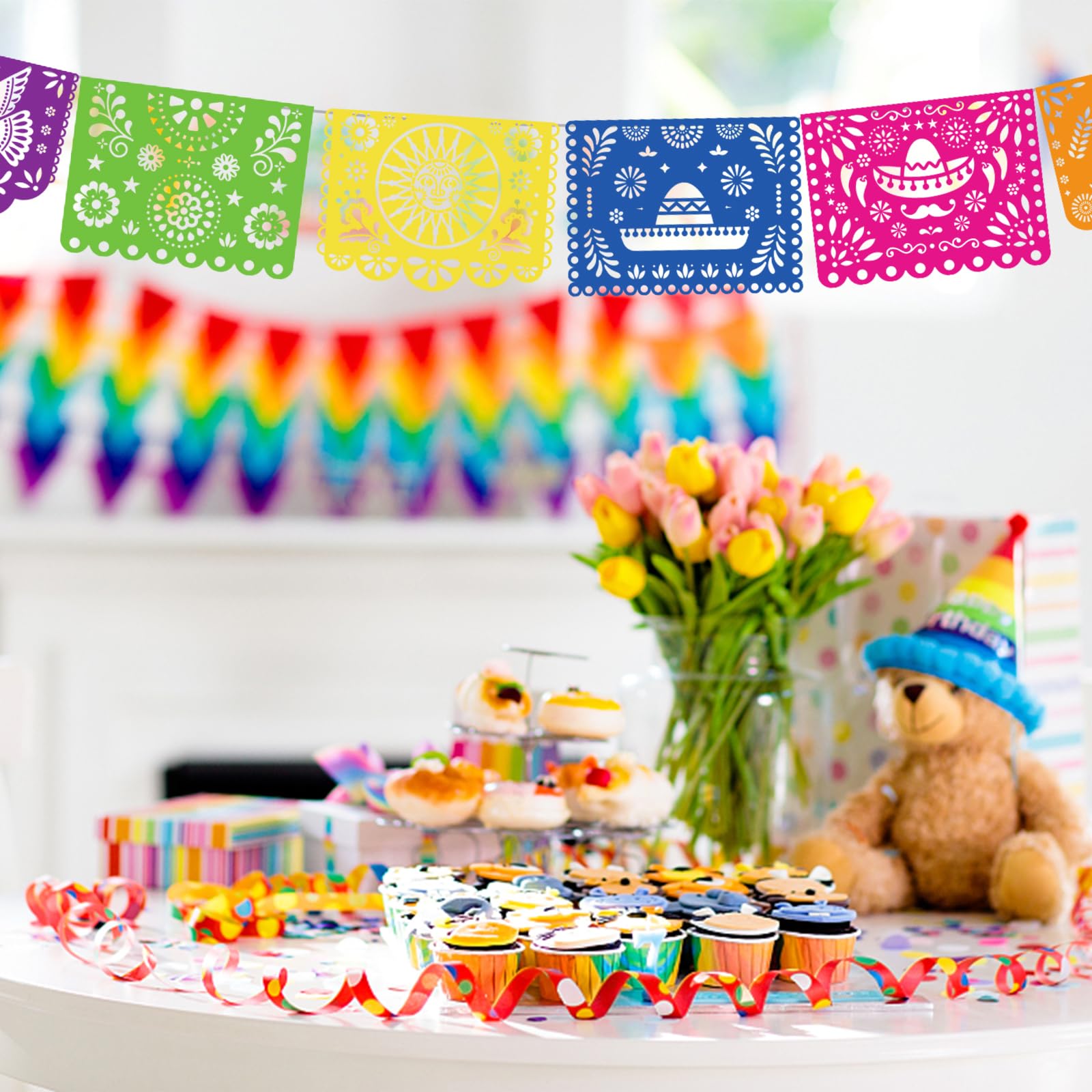 JOHOUSE 2 Pack Mexican Party Banners,36 Feet Fiesta Banner PVC Papel Picado Mexican Fiesta Garland for Cinco De Mayo Fiesta Party Dia De Los Muertos Day of the Dead