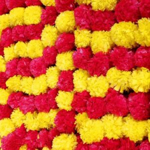 artificial marigold garland for decorations pack of 5 - marigold flowers garland for christmas wedding christmas tree new year ornaments (light yellow red | 4 to 4.5ft) hashcart®