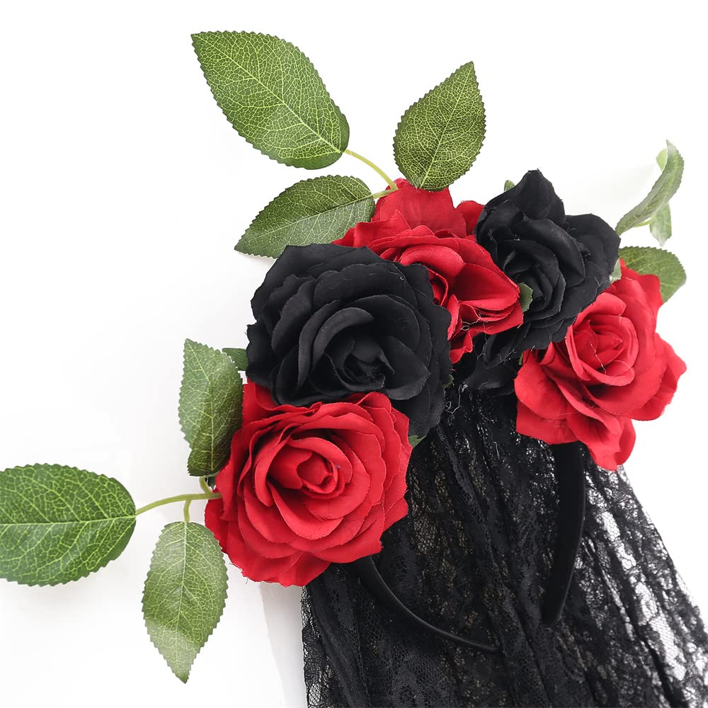 Bubbmi Mexican Rose Flower Crown Headband with Black Veil, Day of the Dead Headpiece, Halloween Festival Headwear, Dia De Los Muertos Hairhoop (Mexican F)