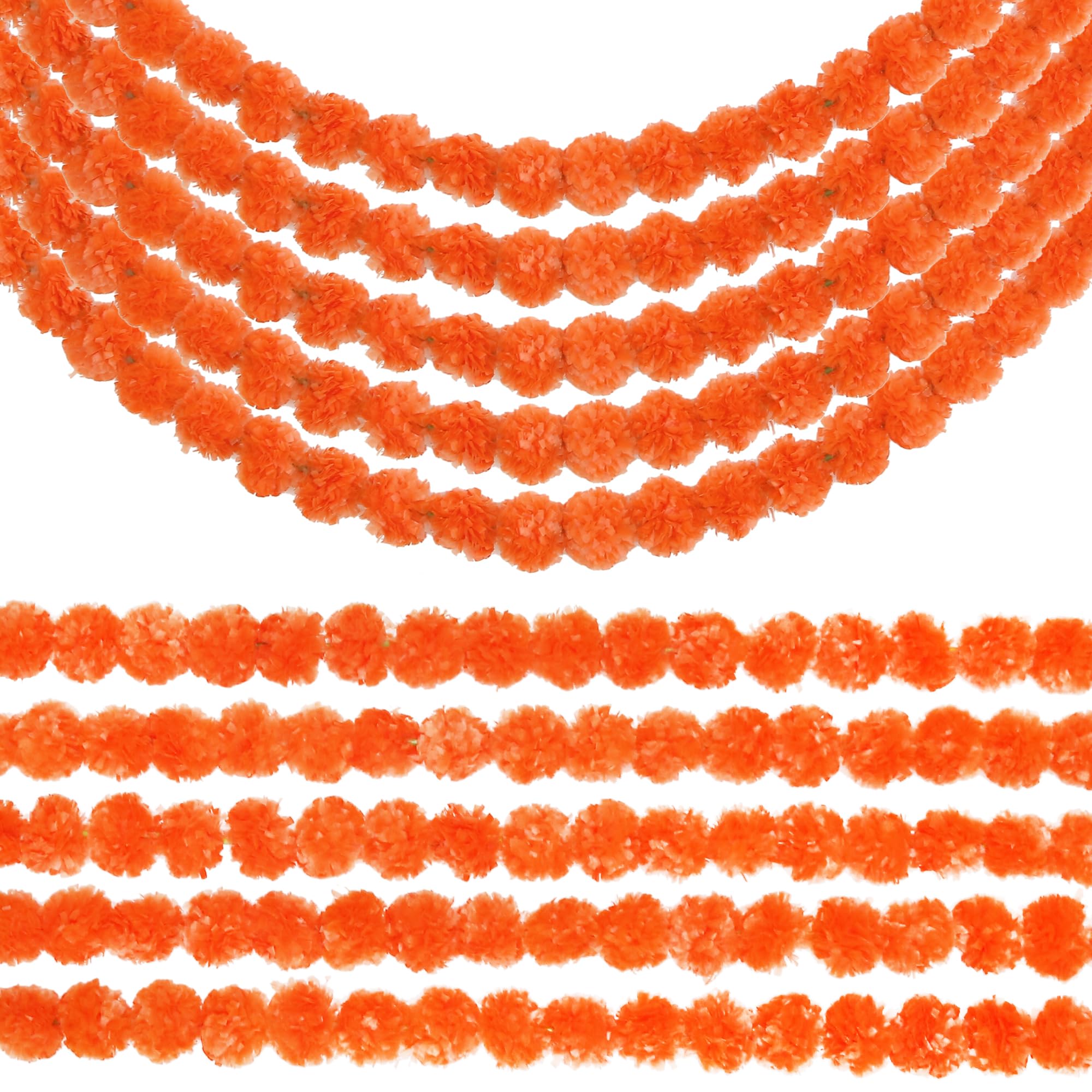 Trimgrace 5 Pcs Orange Marigold Garland 5FT for Thanksgiving Weddings Mantles and Diwali Decor - Faux Garlands for Party and Home Decoration Mexican Day of The Dead