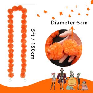 Trimgrace 5 Pcs Orange Marigold Garland 5FT for Thanksgiving Weddings Mantles and Diwali Decor - Faux Garlands for Party and Home Decoration Mexican Day of The Dead