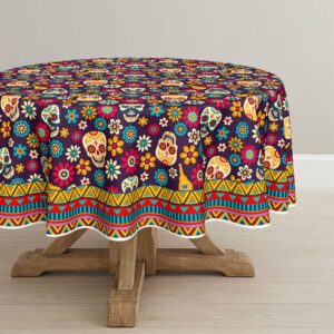 horaldaily dia de muertos tablecloth 70x70 inch round, day of the dead mexico sugar skulls washable table cover for party picnic dinner decor