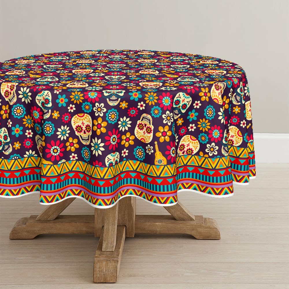 Horaldaily Dia de Muertos Tablecloth 70x70 Inch Round, Day of The Dead Mexico Sugar Skulls Washable Table Cover for Party Picnic Dinner Decor