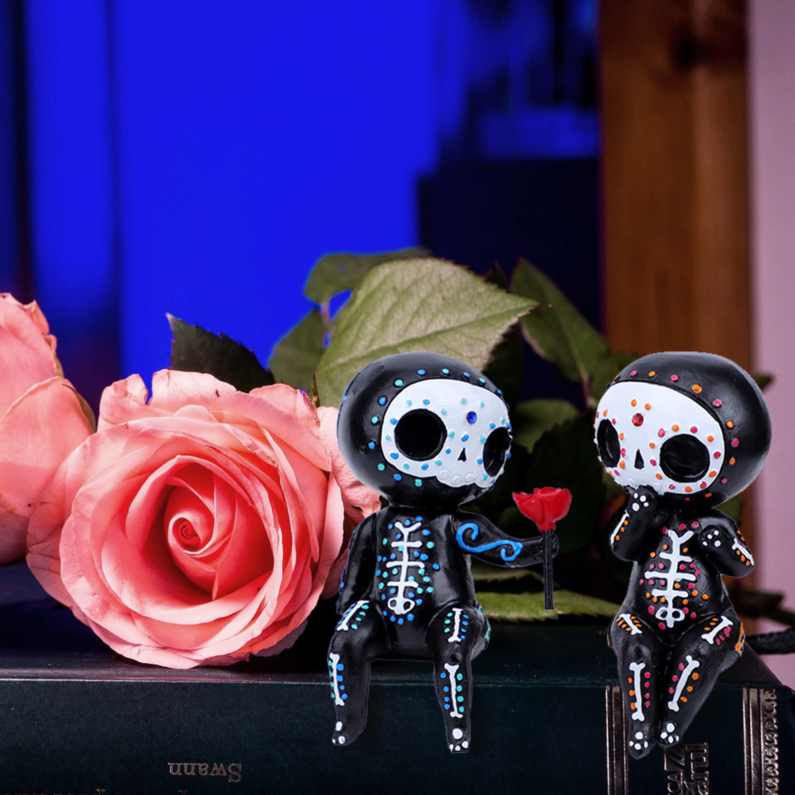 Sugar Skull Decor, Sugar Skull Couple Statue,Dia De Los Muertos Decor, Halloween Desk Decor,Day of The Dead Decorations for Home,Sugar Skull Figurine Gift for Women (A)