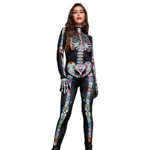 joyful start 3d women's skeleton costume halloween sugar skull costume halloween women skeleton bodysuit jumpsuit day of the dead costumes l