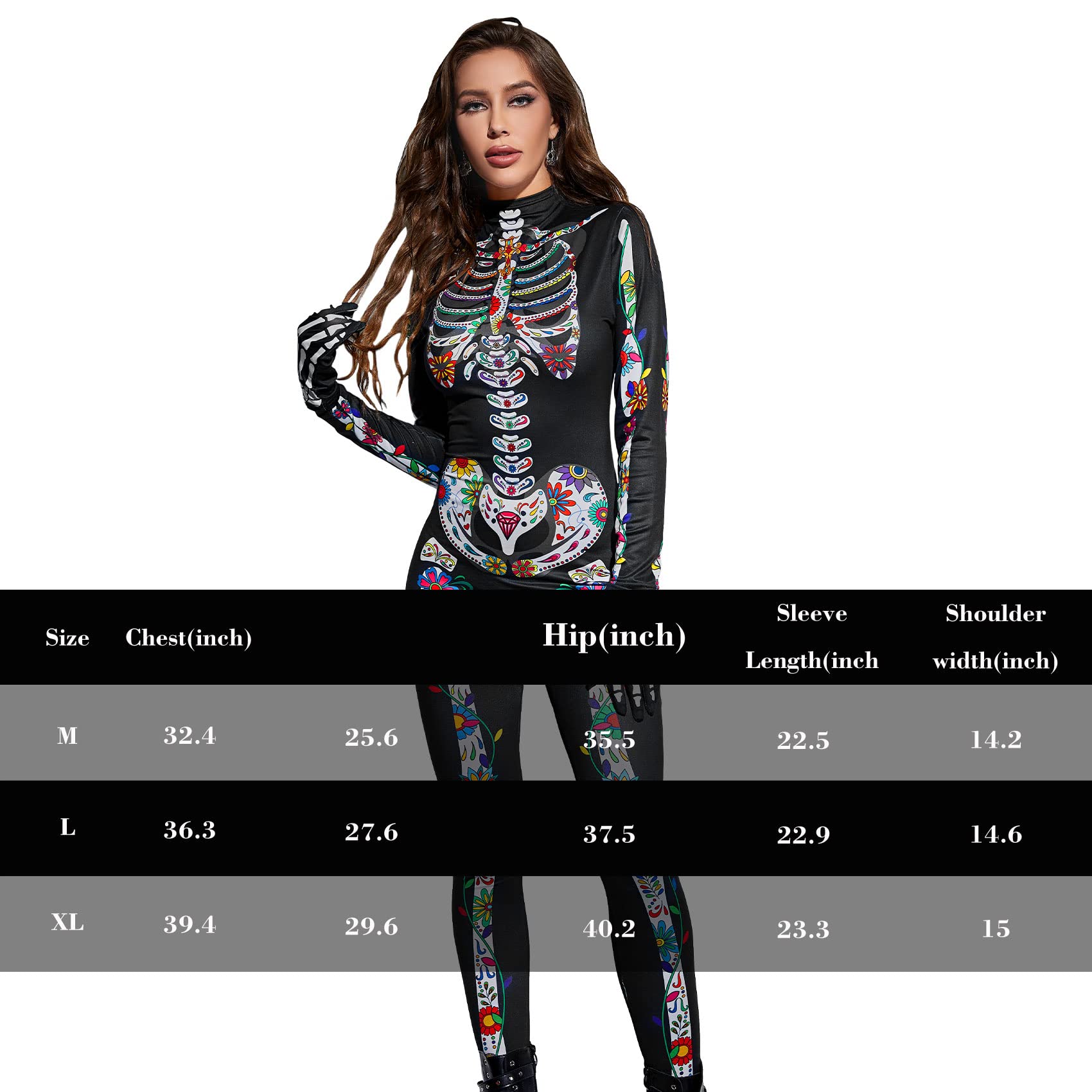 Joyful Start 3D Women'S Skeleton Costume Halloween Sugar Skull Costume Halloween Women Skeleton Bodysuit Jumpsuit Day Of The Dead Costumes L