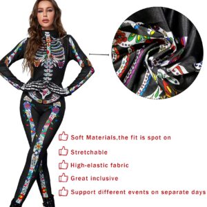 Joyful Start 3D Women'S Skeleton Costume Halloween Sugar Skull Costume Halloween Women Skeleton Bodysuit Jumpsuit Day Of The Dead Costumes L