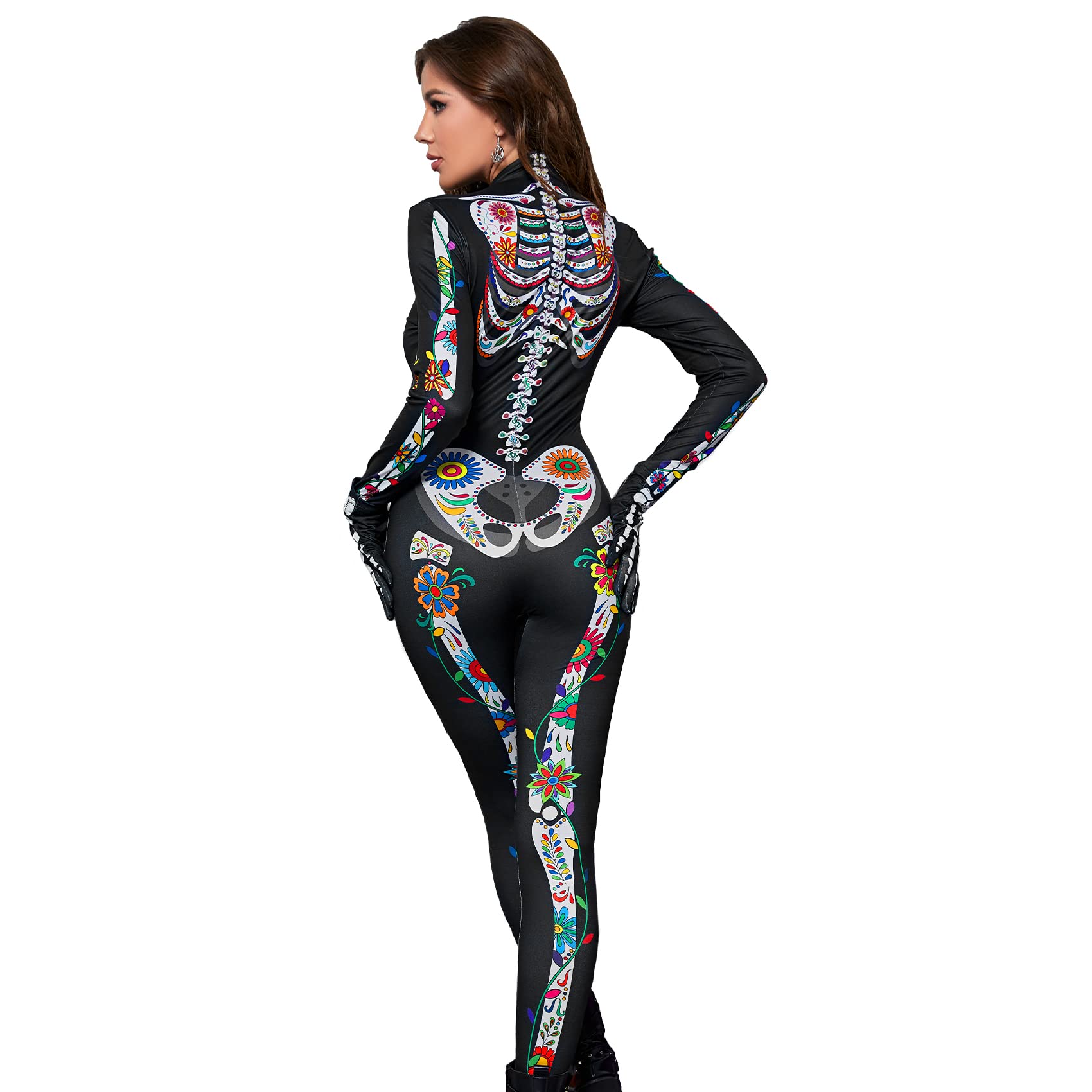 Joyful Start 3D Women'S Skeleton Costume Halloween Sugar Skull Costume Halloween Women Skeleton Bodysuit Jumpsuit Day Of The Dead Costumes L