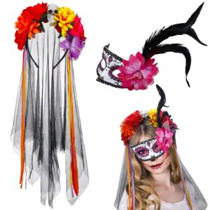 lyrow 2 pcs halloween flower accessories day of the dead accessories mexican floral headband and halloween masquerade eye mask halloween rose flower headband halloween costumes for women girls