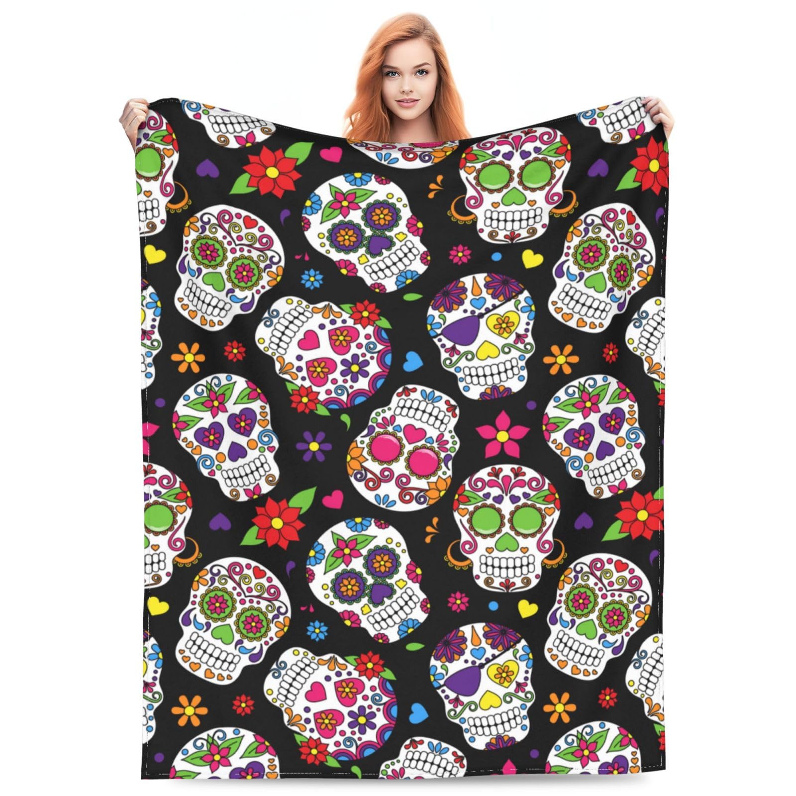 BLUBLU Day of The Dead Sugar Skull Flannel Fleece Bed Blanket Throw Blanket Lightweight Cozy Plush Blanket for Bedroom Living Rooms Sofa Couch 50"x40"