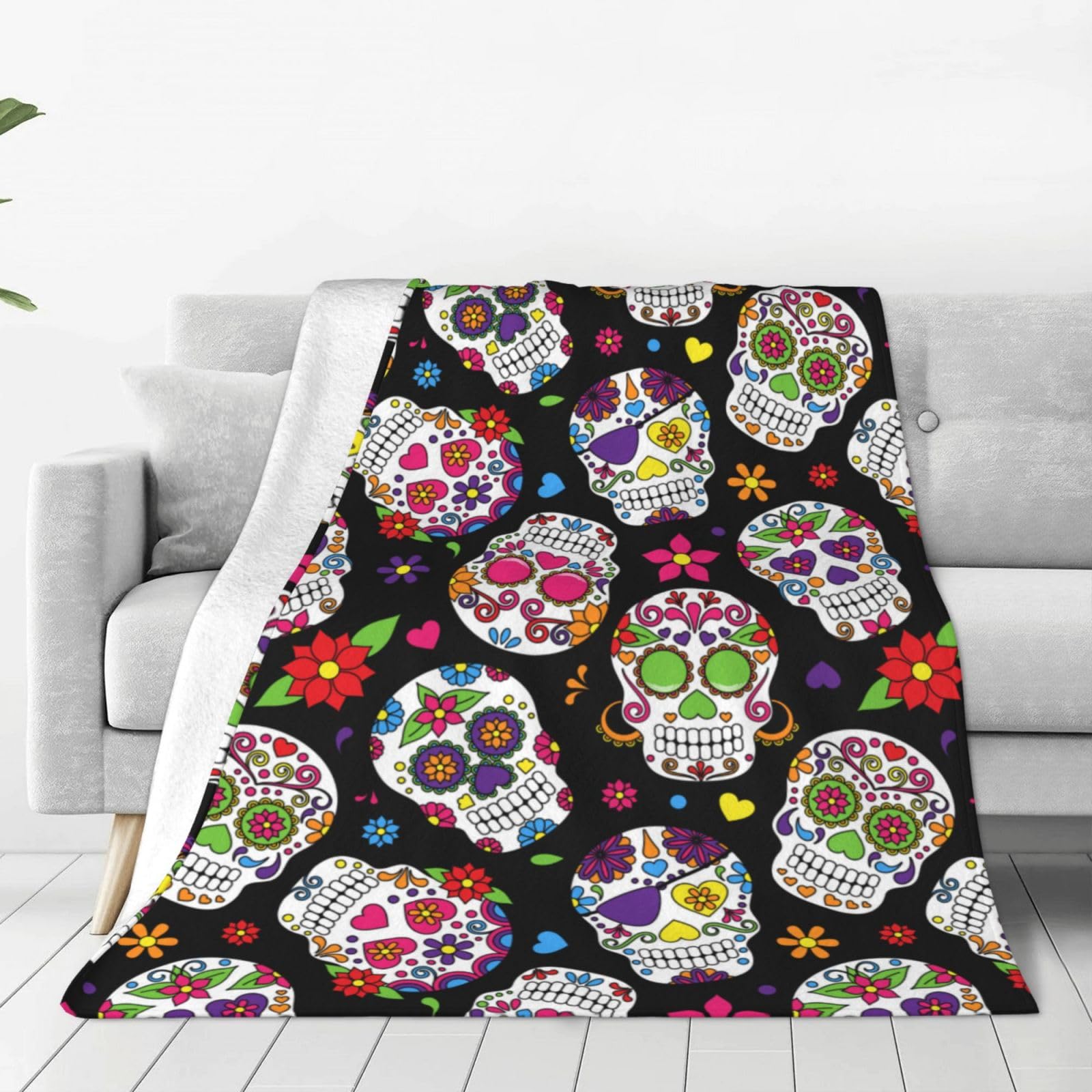 BLUBLU Day of The Dead Sugar Skull Flannel Fleece Bed Blanket Throw Blanket Lightweight Cozy Plush Blanket for Bedroom Living Rooms Sofa Couch 50"x40"