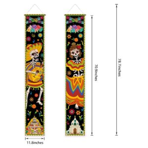 Allenjoy Mexican Day of the Dead Porch Signs Hanging Wall Door Banner Skeleton Guitar Decorations Polyester Wrinkle Free Outdoor 11.8x70.9 Inch Home Decor Events Front Yard Party Supplies 2PCS