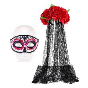 frcolor day of the dead costumes for women day of the dead headpiece day of the dead mask black veil headband flower crown halloween costumes for party cosplay