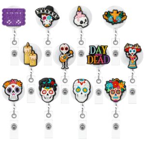 yopyame 12pcs day of the dead badge reels retractable halloween id name holder with alligator clip sugar skull themed badge reel 360 degree swivel badge reel name tag for nurse doctor student