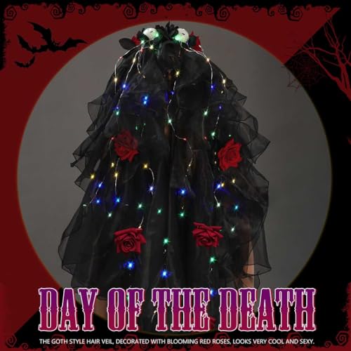 Zoestar Light Up Day of the Dead Headband Flower Halloween Costume Hair Bands Skull Veil Hair Accessory Women