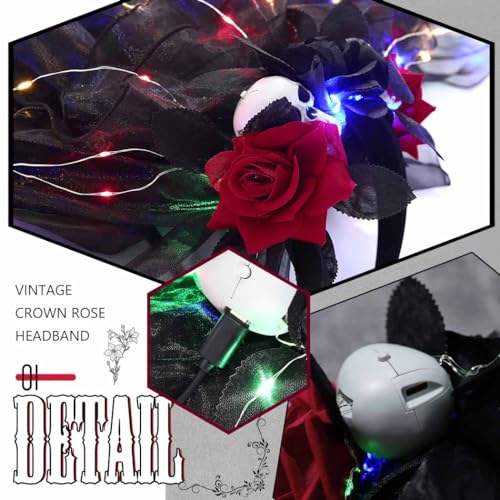 Zoestar Light Up Day of the Dead Headband Flower Halloween Costume Hair Bands Skull Veil Hair Accessory Women