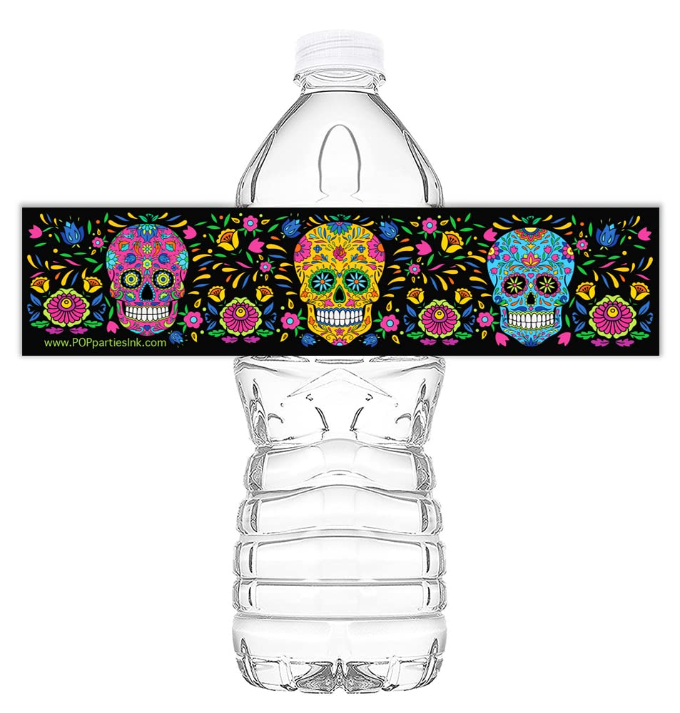 Sugar Skull Waterproof Bottle Labels - 20 Bottle Labels - Sugar Skull Halloween Party Decorations - Day of the Dead Party Supplies - Day of the Dead Decorations - Bottle