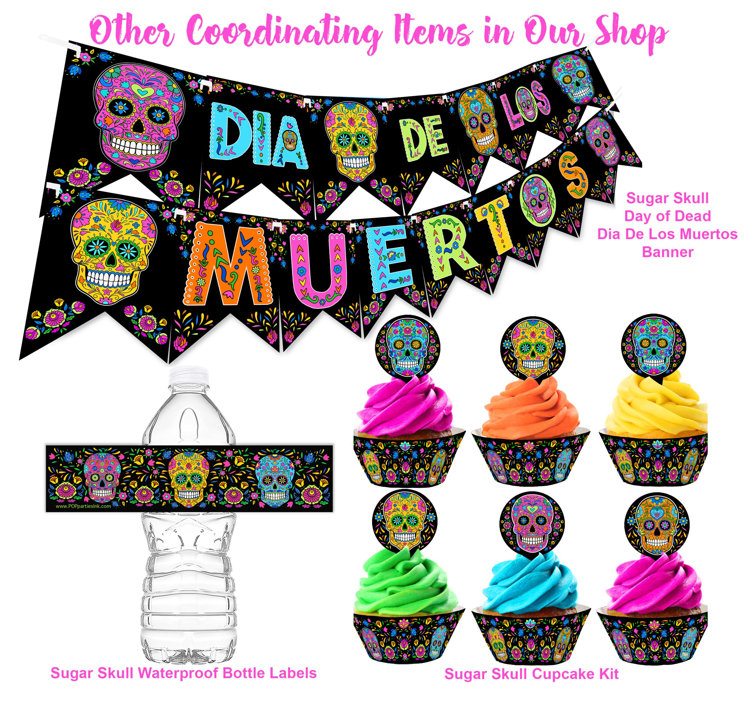 Sugar Skull Waterproof Bottle Labels - 20 Bottle Labels - Sugar Skull Halloween Party Decorations - Day of the Dead Party Supplies - Day of the Dead Decorations - Bottle