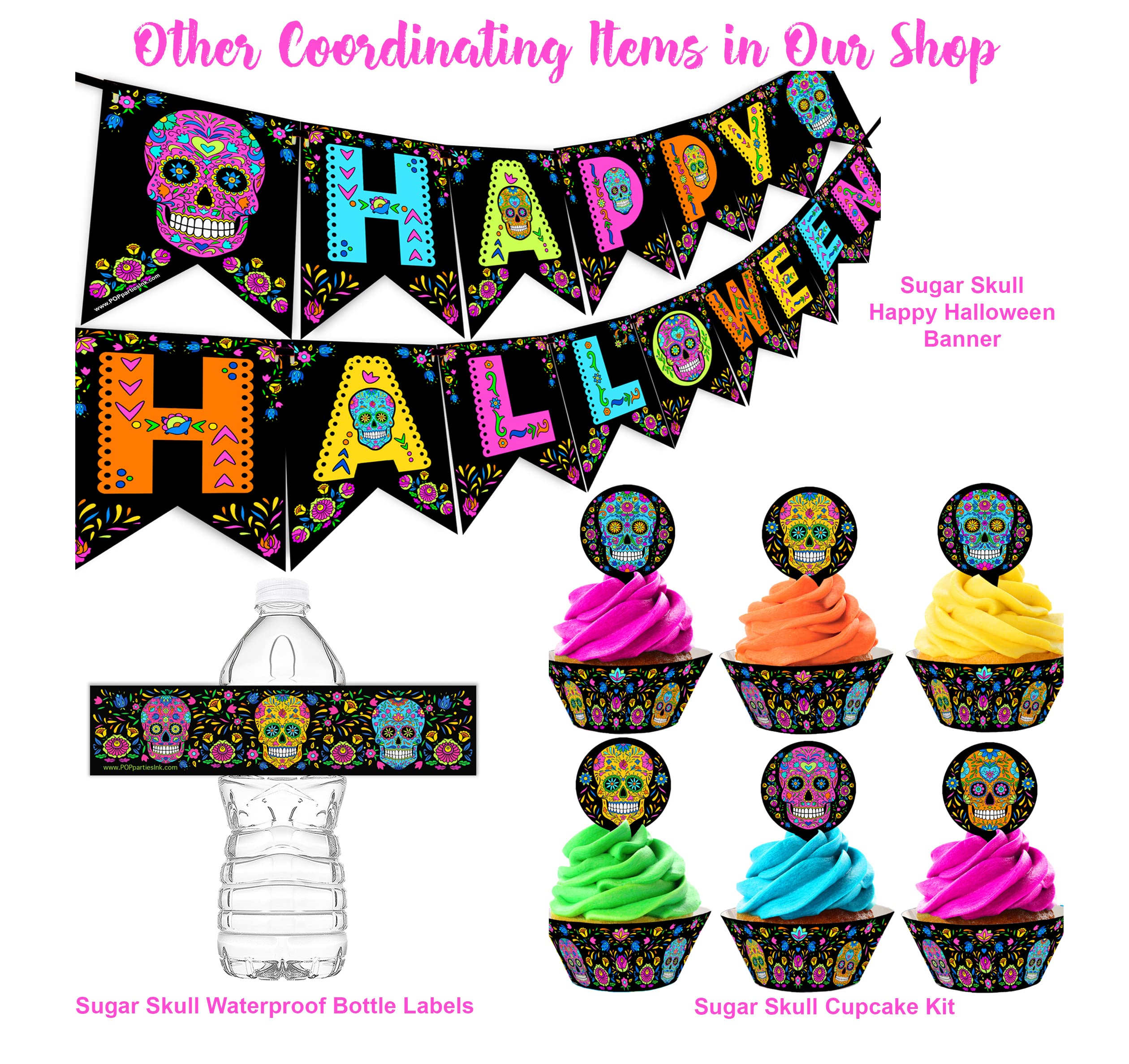 Sugar Skull Waterproof Bottle Labels - 20 Bottle Labels - Sugar Skull Halloween Party Decorations - Day of the Dead Party Supplies - Day of the Dead Decorations - Bottle