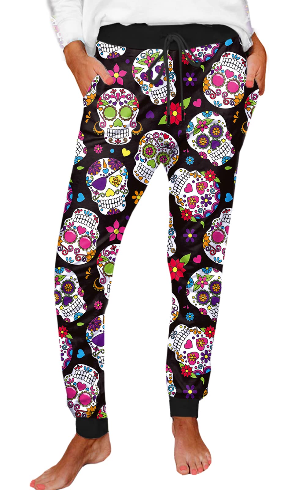 Women Halloween Sugar Skull Pajama Pants Day of The Dead Long Cotton Ankle Drawstring Joggers S