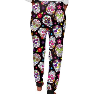 Women Halloween Sugar Skull Pajama Pants Day of The Dead Long Cotton Ankle Drawstring Joggers S