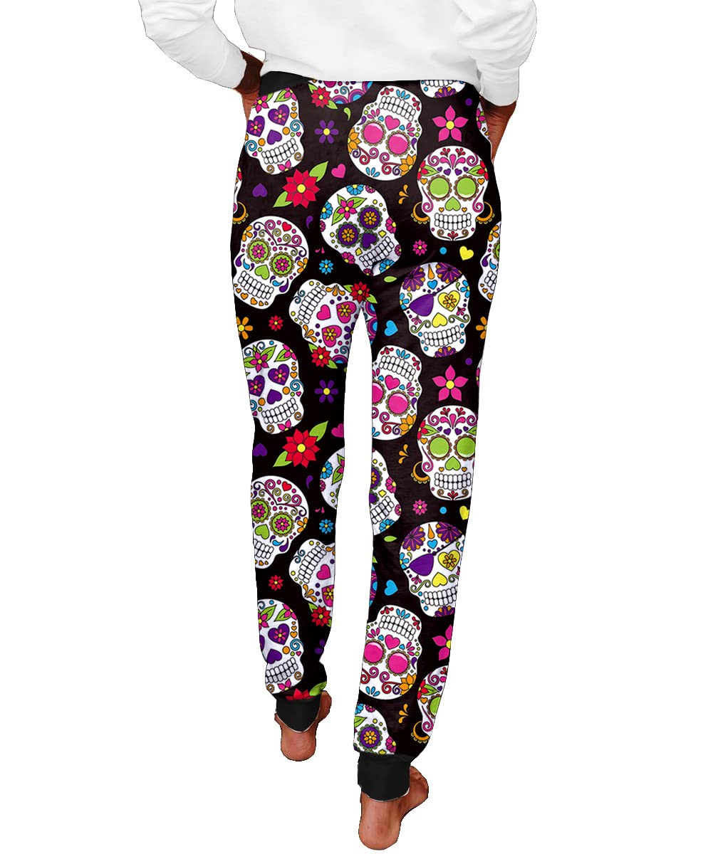 Women Halloween Sugar Skull Pajama Pants Day of The Dead Long Cotton Ankle Drawstring Joggers S