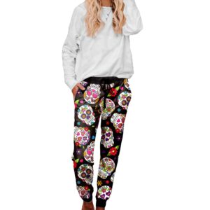 Women Halloween Sugar Skull Pajama Pants Day of The Dead Long Cotton Ankle Drawstring Joggers S