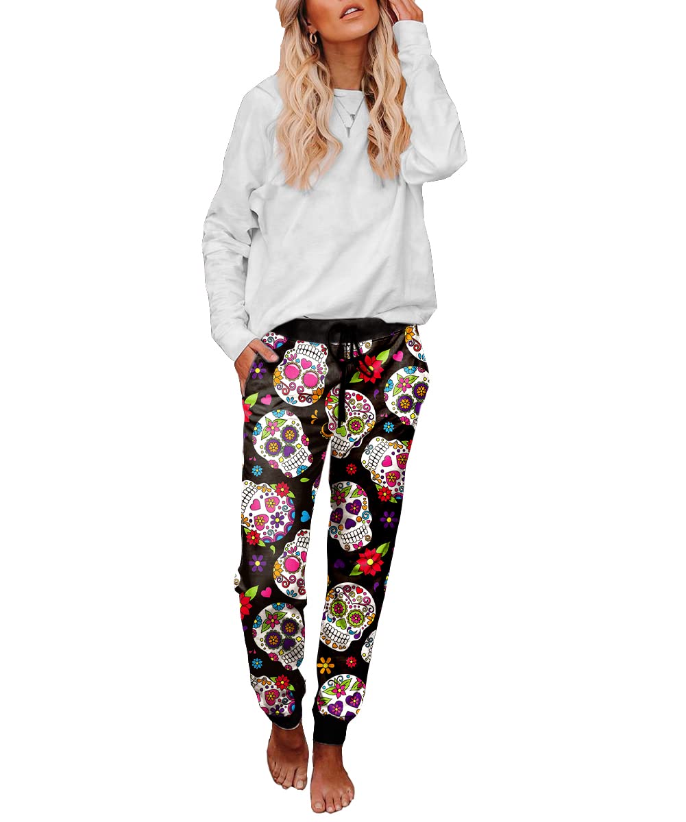 Women Halloween Sugar Skull Pajama Pants Day of The Dead Long Cotton Ankle Drawstring Joggers S