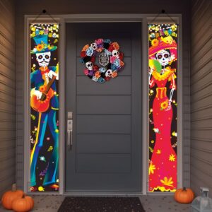 halloween decorations indoor - dia de los muertos decorations - day of the dead porch sign door banner mexican party sugar skull decor for welcome hanging banners home wall front yard altar supplies