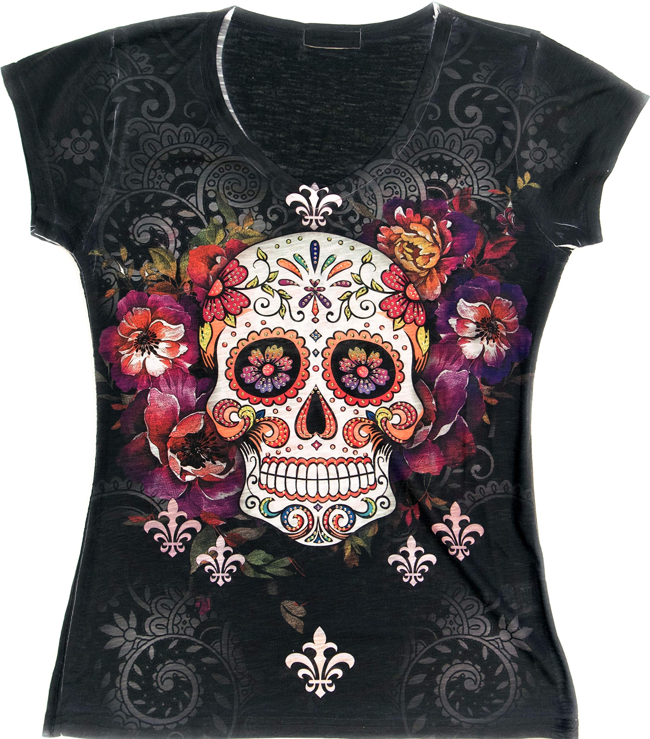 Sweet Gisele Sugar Skull V-Neck T Shirt Day of The Dead Rhinestones Bling for Women Black,Large,Black