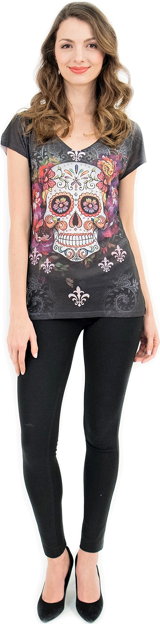 Sweet Gisele Sugar Skull V-Neck T Shirt Day of The Dead Rhinestones Bling for Women Black,Large,Black