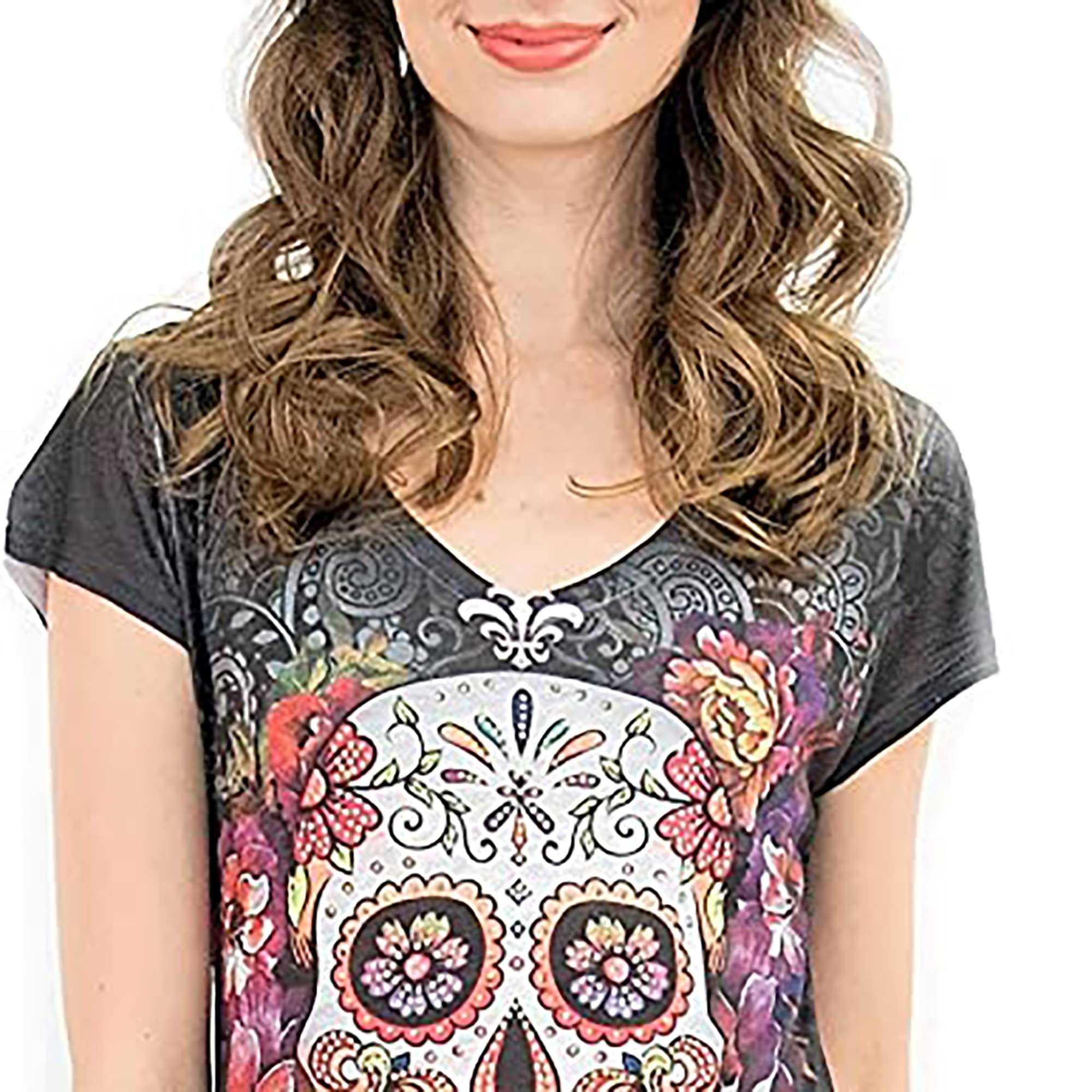 Sweet Gisele Sugar Skull V-Neck T Shirt Day of The Dead Rhinestones Bling for Women Black,Large,Black