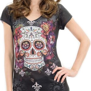 Sweet Gisele Sugar Skull V-Neck T Shirt Day of The Dead Rhinestones Bling for Women Black,Large,Black