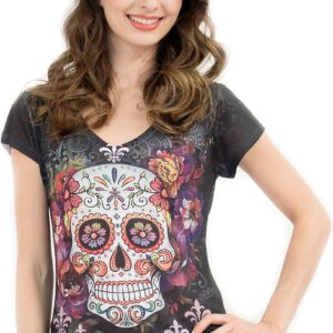 Sweet Gisele Sugar Skull V-Neck T Shirt Day of The Dead Rhinestones Bling for Women Black,Large,Black