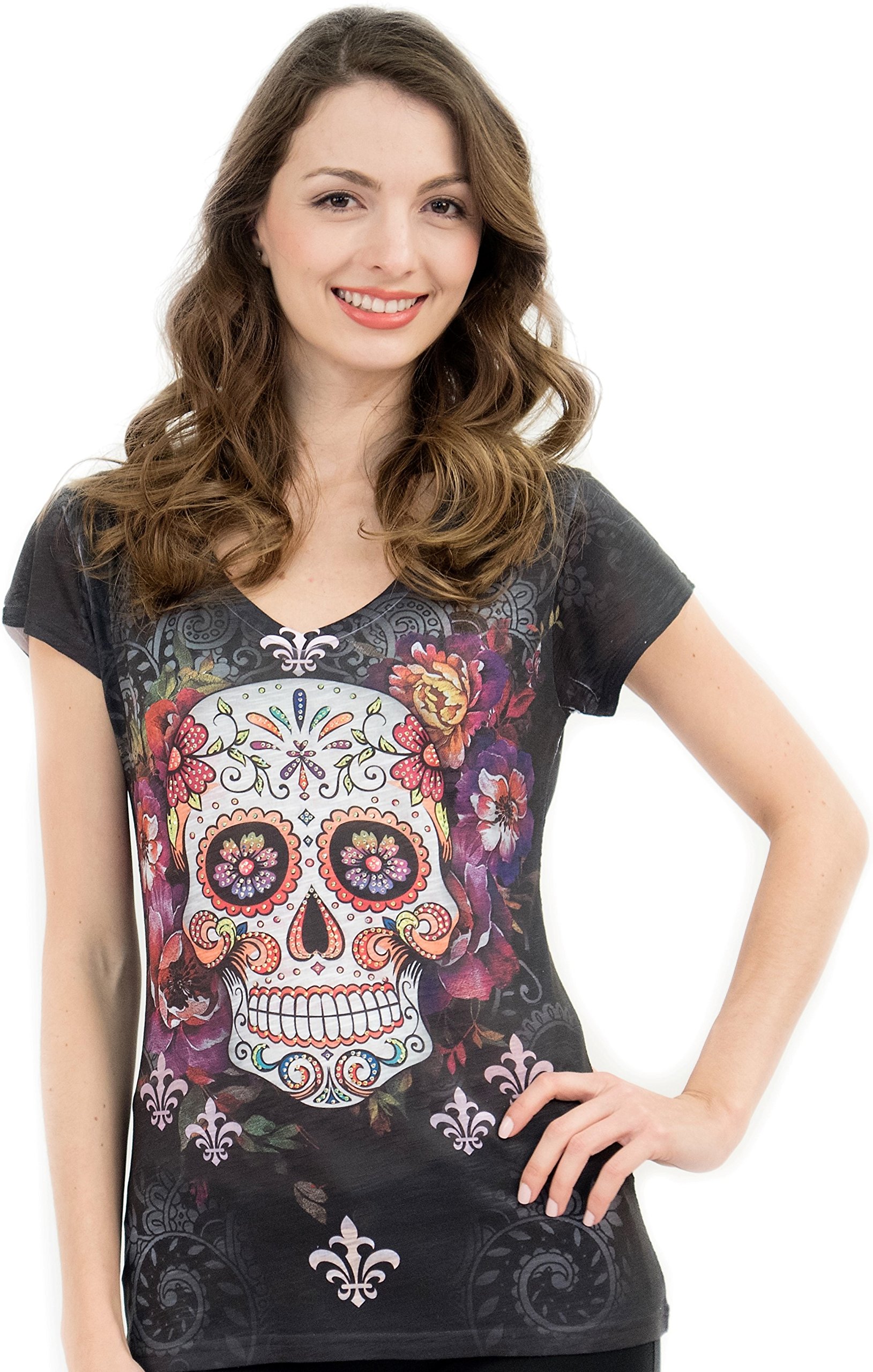 Sweet Gisele Sugar Skull V-Neck T Shirt Day of The Dead Rhinestones Bling for Women Black,Large,Black