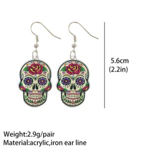 Halloween Mexico Day of The Dead Earrings for Women Girls Acrylic Dangle Drop Sugar Skull Black Cat Earrings Funny Cosplay Festival Jewelry Costume Party Laser Skeleton Horror Accessories (C)