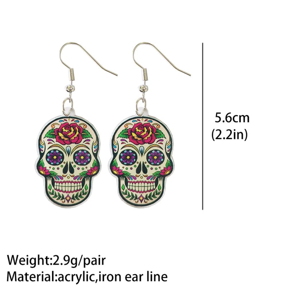 Halloween Mexico Day of The Dead Earrings for Women Girls Acrylic Dangle Drop Sugar Skull Black Cat Earrings Funny Cosplay Festival Jewelry Costume Party Laser Skeleton Horror Accessories (C)