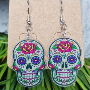 Halloween Mexico Day of The Dead Earrings for Women Girls Acrylic Dangle Drop Sugar Skull Black Cat Earrings Funny Cosplay Festival Jewelry Costume Party Laser Skeleton Horror Accessories (C)