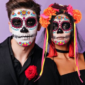 KEPATO 2Pcs Day of The Dead Headband, Mexican Flower Crown Veil Headpiece with Sugar Skull Print Face Tattoo for Women Halloween,Dia De Los Muertos