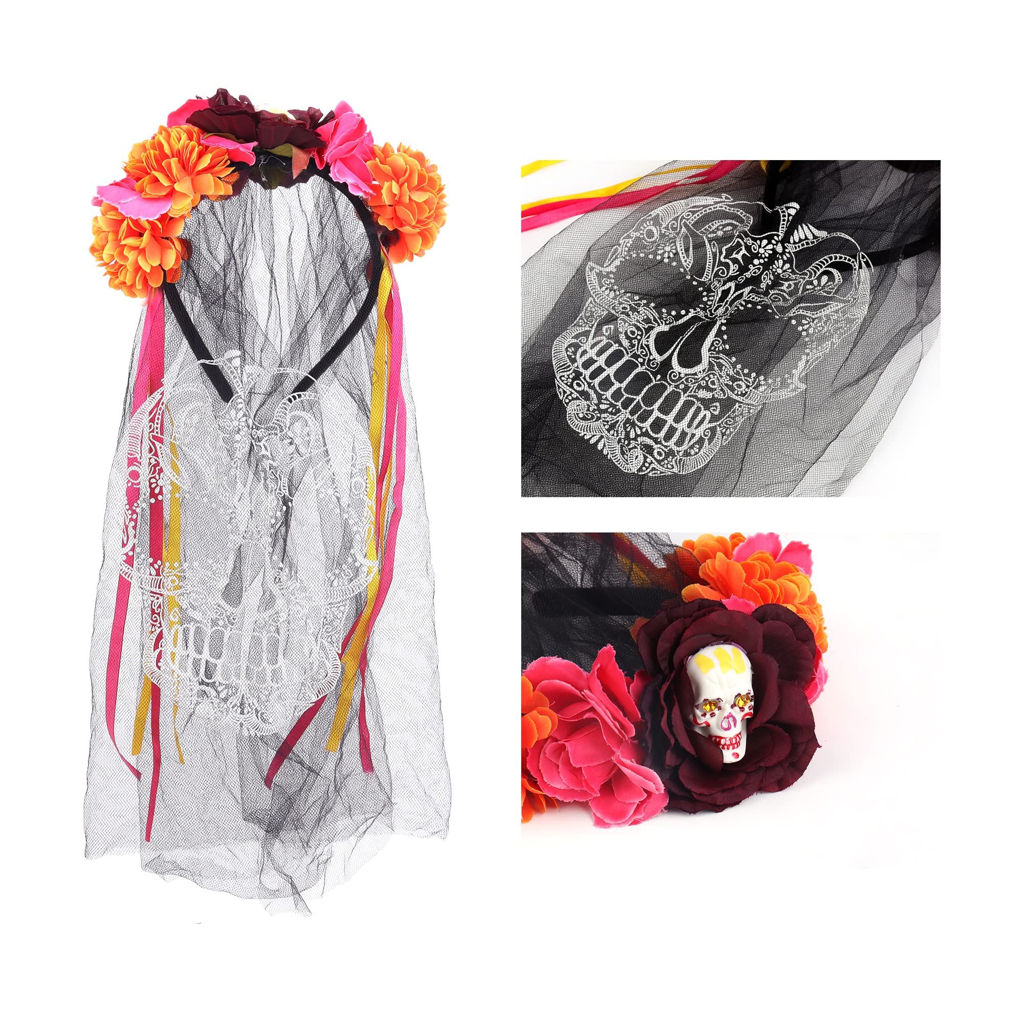 KEPATO 2Pcs Day of The Dead Headband, Mexican Flower Crown Veil Headpiece with Sugar Skull Print Face Tattoo for Women Halloween,Dia De Los Muertos