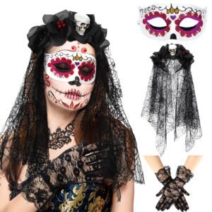 yunlly 3 sets day of the dead mexican flower veil headband gothic lace gloves day of the dead mask for halloween costume cosplay (elegant style)