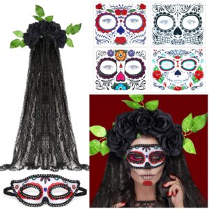 6 pieces day of the dead costumes for women halloween crown rose floral veil headband headpiece with halloween skull face temporary tattoo masquerade mask for costume party (black)