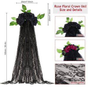 6 Pieces Day of the Dead Costumes for Women Halloween Crown Rose Floral Veil Headband Headpiece with Halloween Skull Face Temporary Tattoo Masquerade Mask for Costume Party (Black)