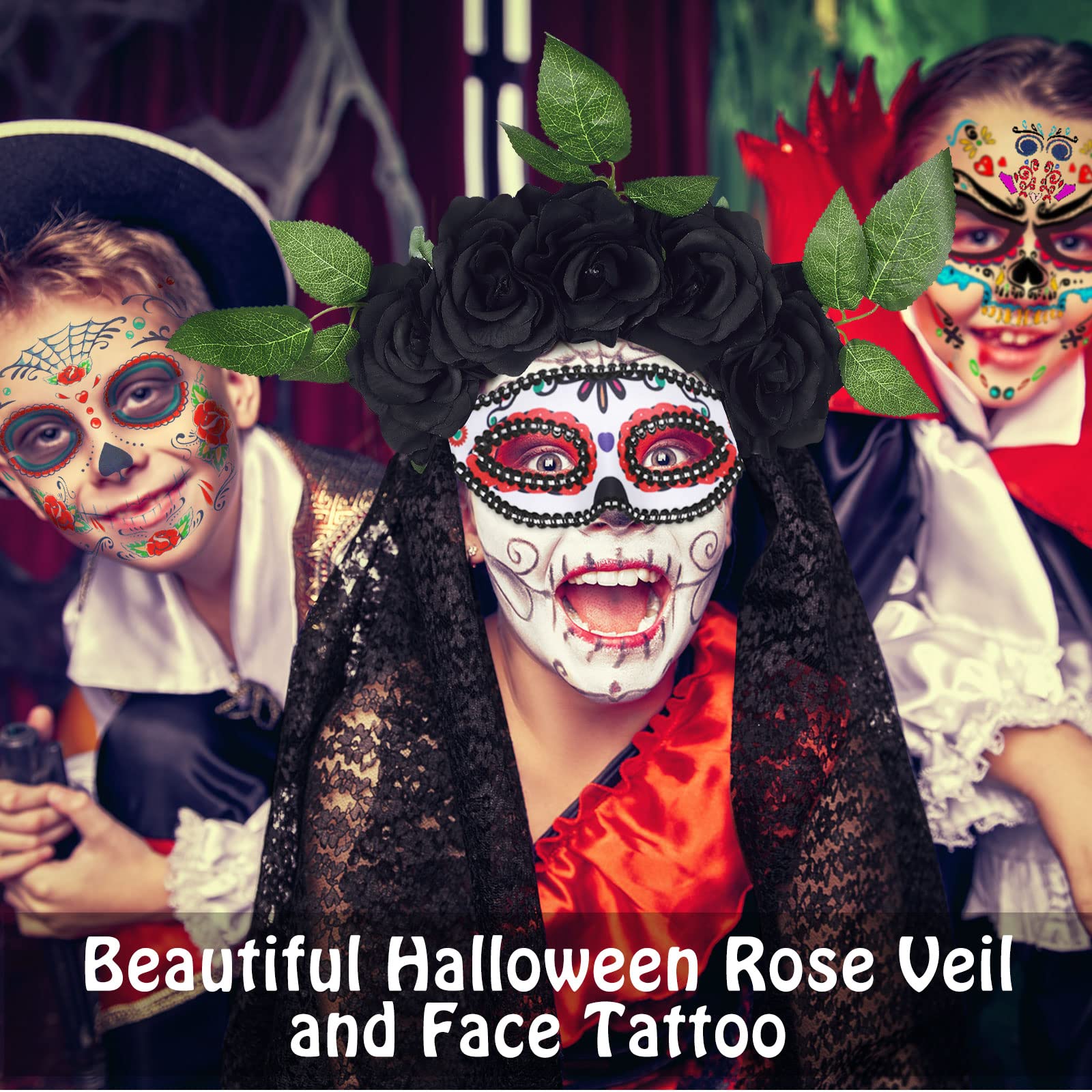 6 Pieces Day of the Dead Costumes for Women Halloween Crown Rose Floral Veil Headband Headpiece with Halloween Skull Face Temporary Tattoo Masquerade Mask for Costume Party (Black)