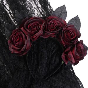 Funsveta Halloween Headband Day of The Dead Headpiece Flower Hairband Party Festival Fancy Dress Cosplay (Black Burgundy)