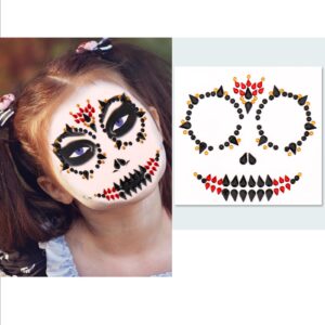 Vodolo Halloween Face Jewels Stickers,Hallowen Face Gems Decorations,Day of The Dead Skull Temporary Face Tattoos,Face Makeup Rhinestone Stick on for Adults and Kids