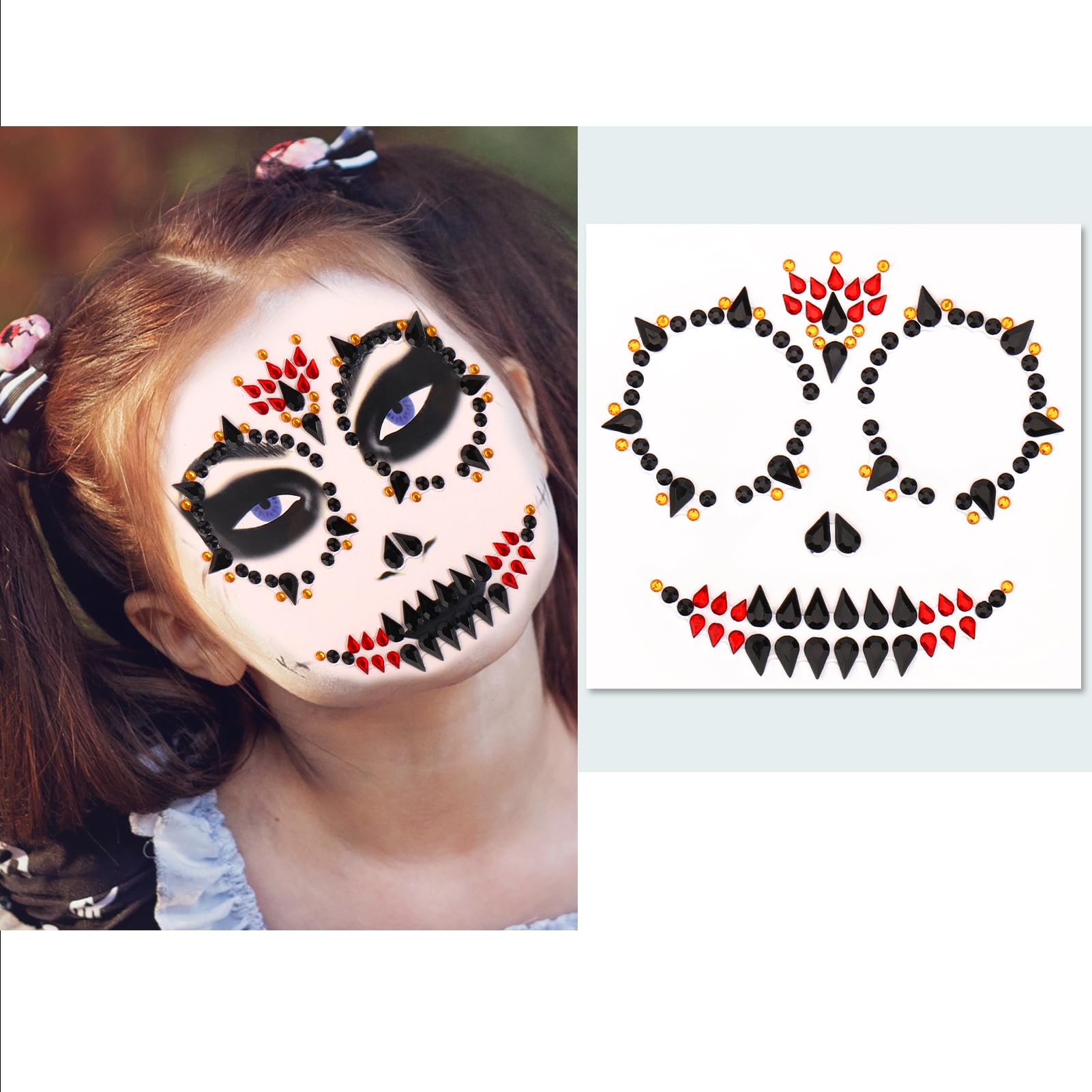 Vodolo Halloween Face Jewels Stickers,Hallowen Face Gems Decorations,Day of The Dead Skull Temporary Face Tattoos,Face Makeup Rhinestone Stick on for Adults and Kids