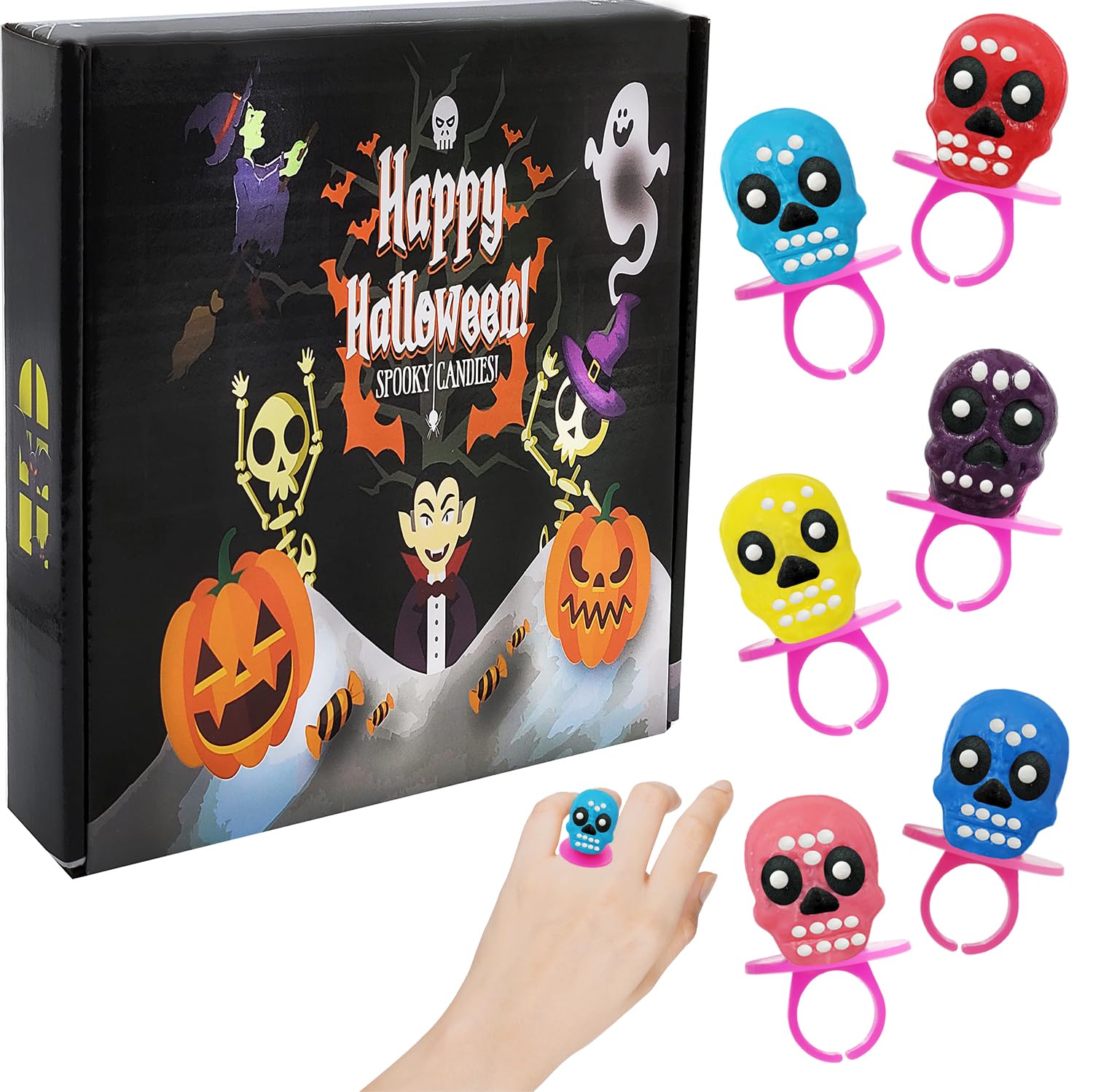 Fruidles Halloween Skull Hard Candy Rings, Day of the Dead, Individually Wrapped (12-Pack)