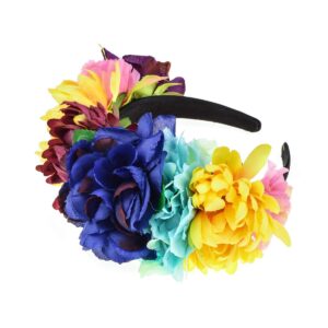 Floral Fall Day of the Dead Flower Crown Festival Headband Rose Mexican Floral Headpiece HC-23 (B-Blue Purple)