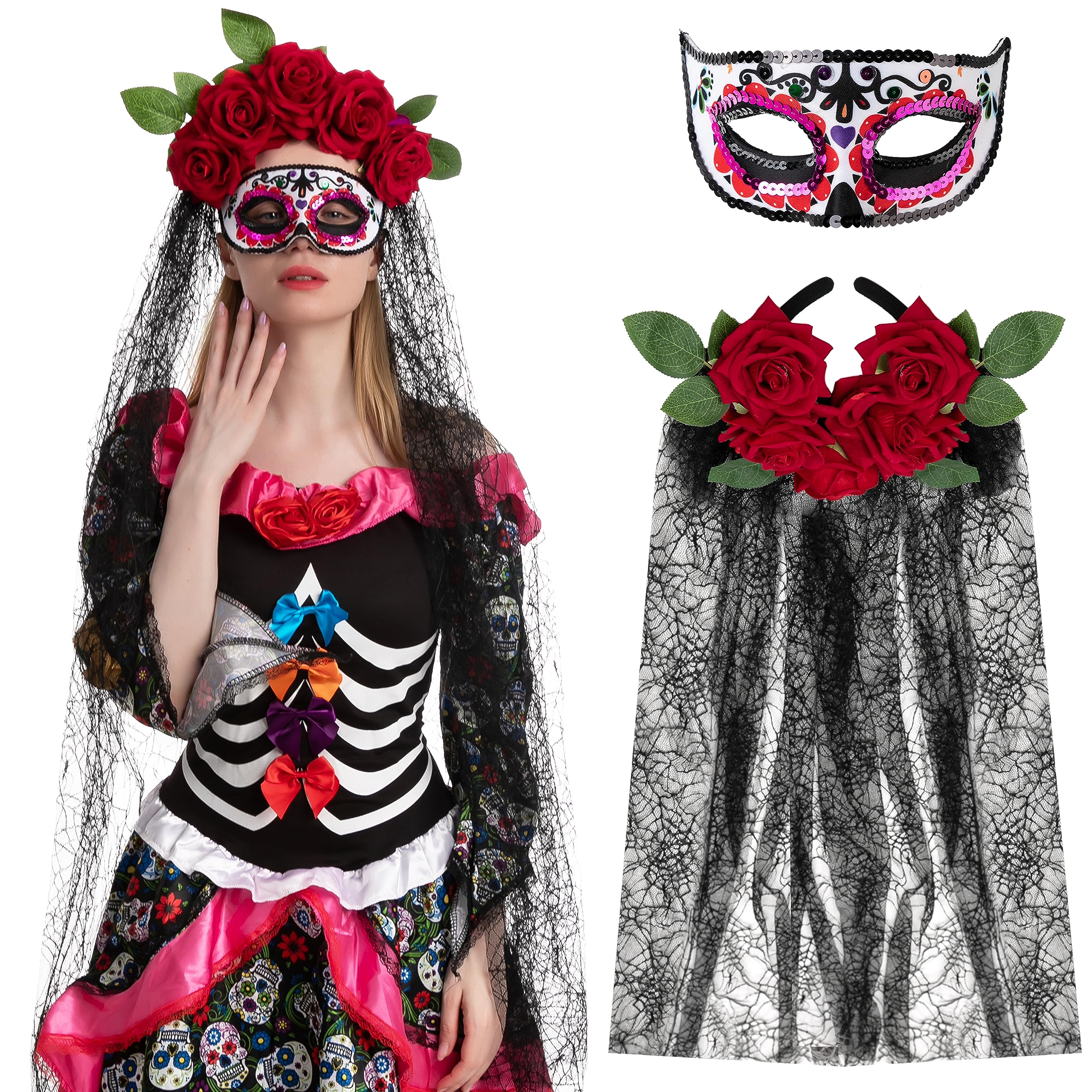 Spooktacular Creations 2 Pcs Day of The Dead Accessories Set with Rose Flower Crown Headband and Masquerade Eye Mask for Halloween Party and Mexican Dia Muertos Costume Accessories